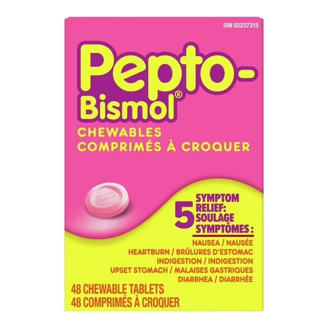 Pepto-Bismol Chewables: 48 Tablets, 5-Symptom Relief